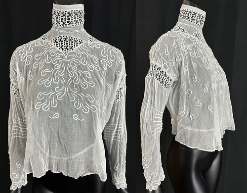 Edwardian Embroidery White Cotton Crochet Lace High Collar Shirtwaist ...