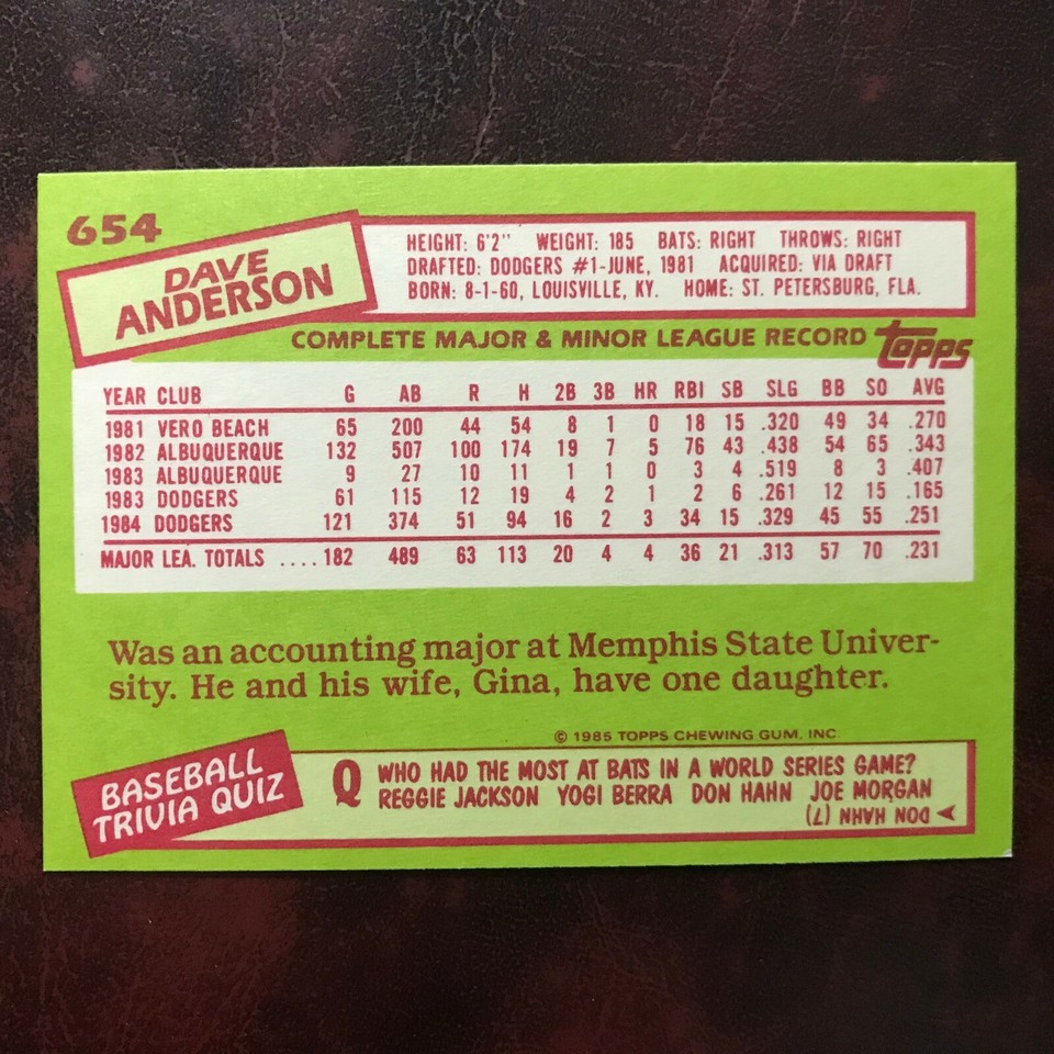 1985 Topps TIFFANY Set DAVE ANDERSON #654 DODGERS ** MINT ** HIGH GRADE ...