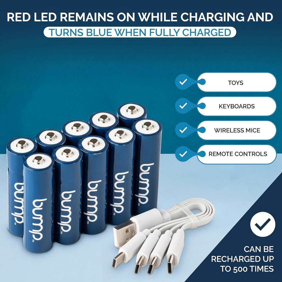 Bump AA High Capacity Rechargeable Batteries 1.2V 1000mAh USB Type C ...