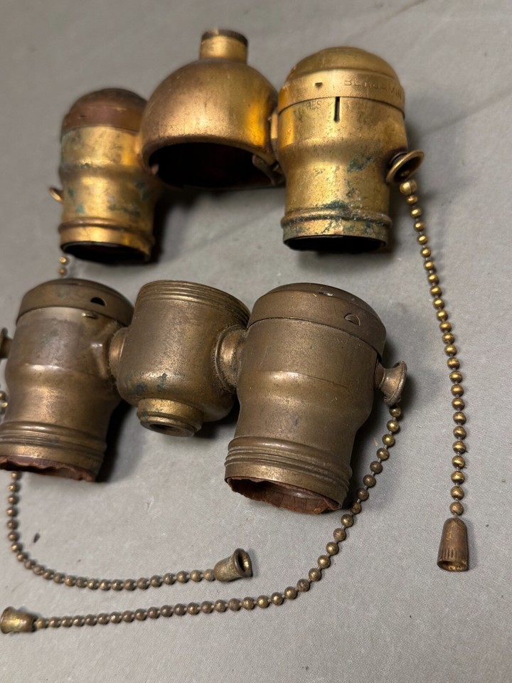 2 Antique Dual Brass Pull-Chain Light Sockets Natural Patina | eBay