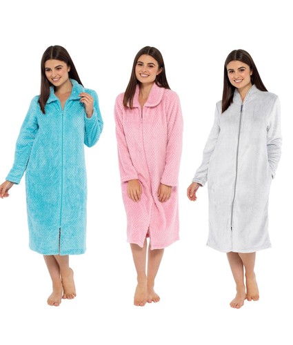 Women's Fleece Zip Through Robe Dressing Gown Housecoat Bathrobe Plush ...