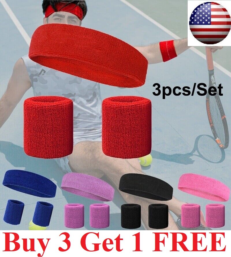 SWEATBAND SETS Wristbands headband Work Out Tennis Wrist Badminton ...