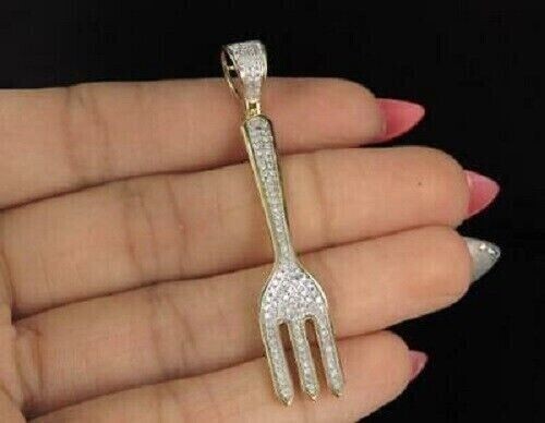 14K White Gold Plated 1.60Ct Round Cut Simulated Diamond Fork Charm ...