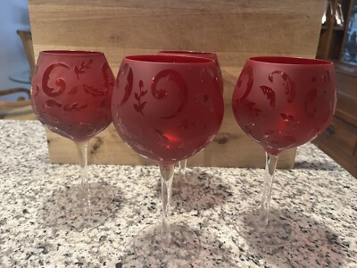 Ruby Red Glass Etched Floral Scrolls Pair of Toasting Balloon Wine ...