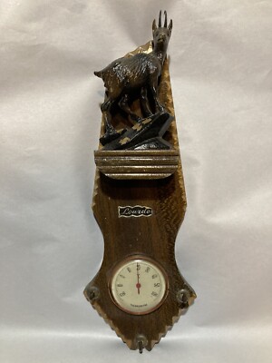 Vintage Lourdes France Wood Carved Mountain Goat Wall Thermometer With ...