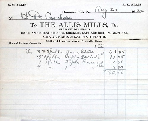 1922 Receipt The Allis Mills Rummerfield PA | Roofing Materials ...