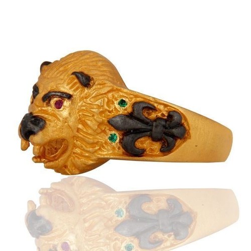 Genuine Cubic Zirconia Sterling Silver Gold Plated Lion Head Mens Ring ...