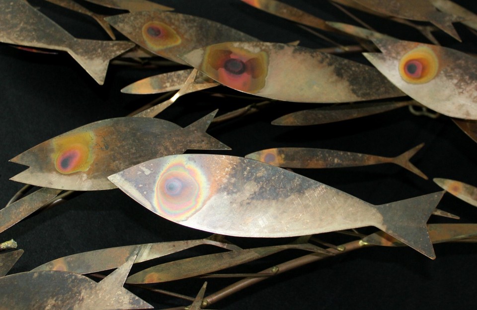 56" School of Fish brutalist metal wall sculpture signed C. Jere 1979 ...