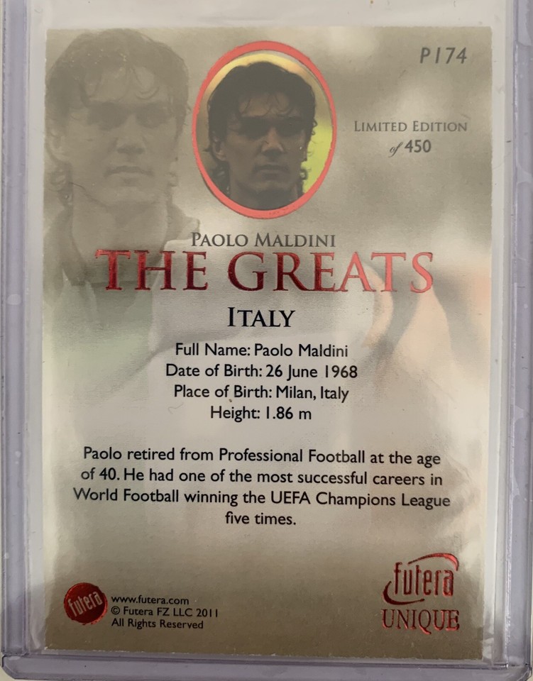 Paolo Maldini Futera Unique 2011 Ruby Card P174 Italy Italia AC Milan ...
