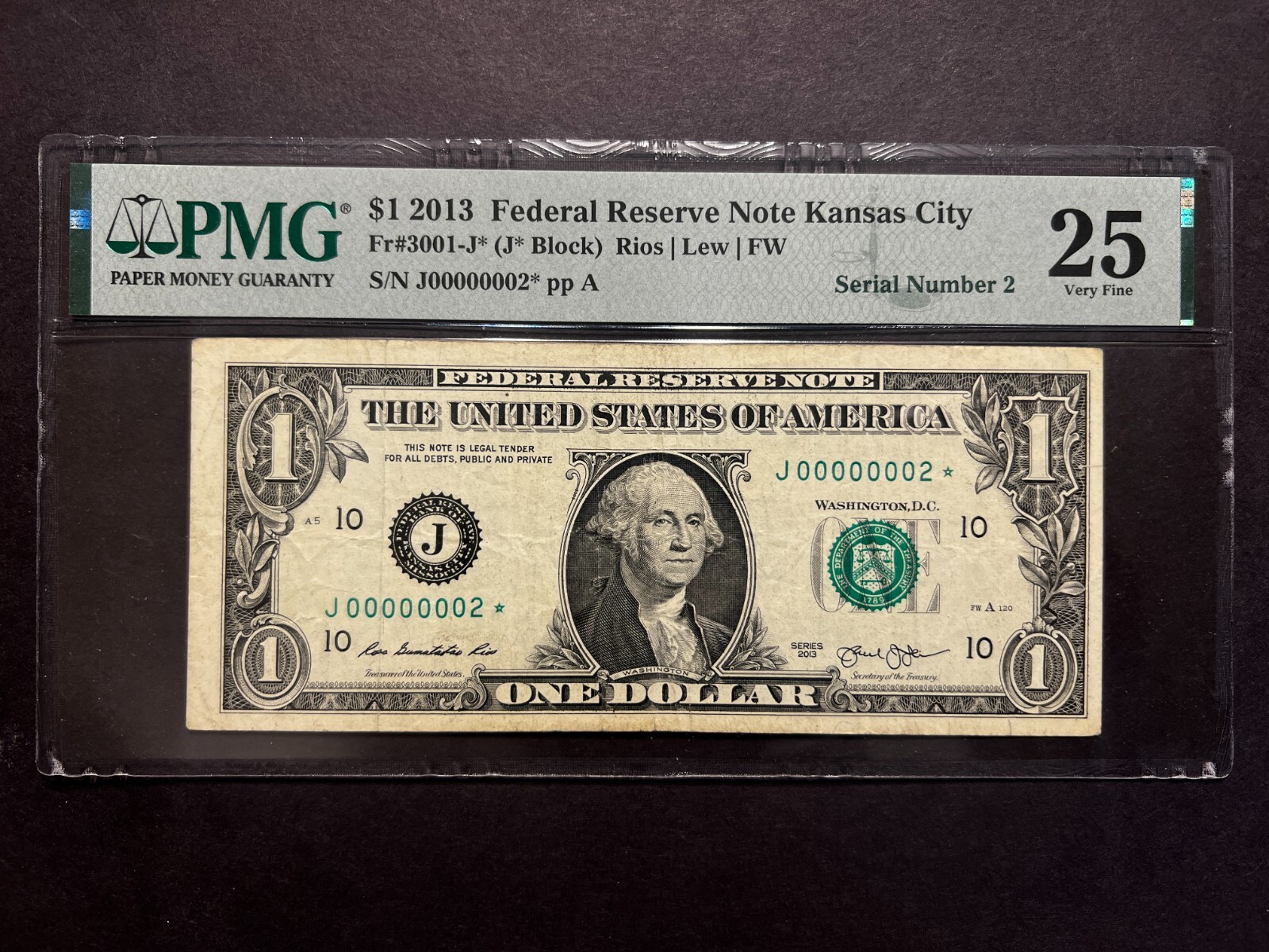 2013 $1 Serial Number 2 STAR Note PMG Very Fine 25 FR.3001 Fancy Low #2 ...