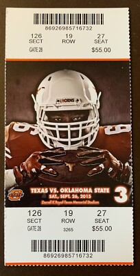 Texas Longhorns 9/26/2015 NCAA football ticket stub vs Oklahoma State ...