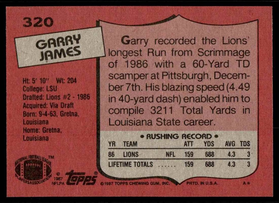 Garry James 1987 Topps #320 Detroit Lions 32774 Football Card | eBay
