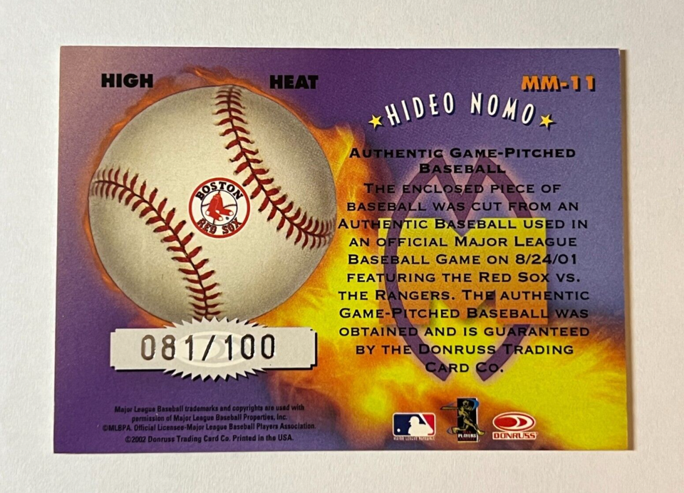 RED SOX #/100 HIDEO NOMO GAME USED BASEBALL 2002 DONRUSS ORIGINALS ...
