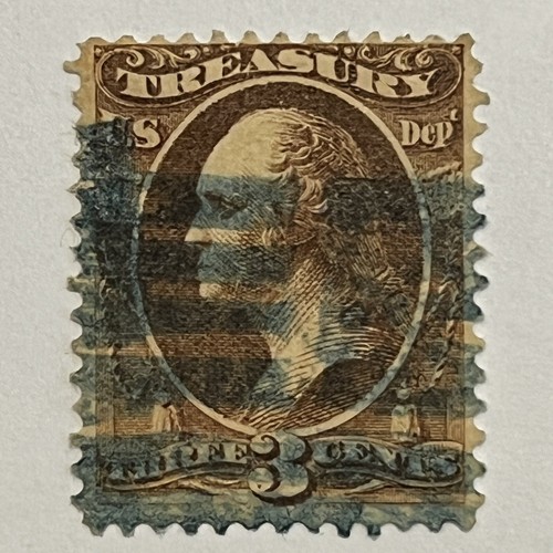 FANCY CANCEL 1873 US 3C TREASURY STAMP #O74 WITH INTERESTING BLUE ...