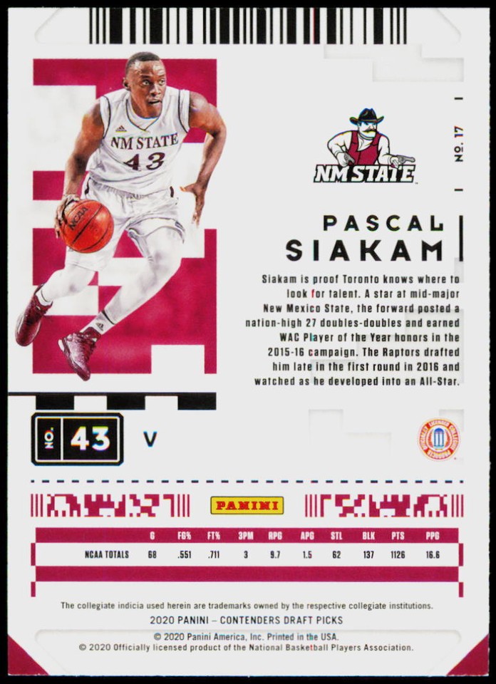 2020 Panini Contenders Draft Picks #17b Pascal Siakam Aggies #17 | eBay