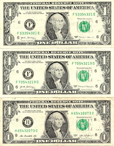 Five Digit Ladders Fancy Serial Number One Dollar Bill - Lot of 3 Notes ...