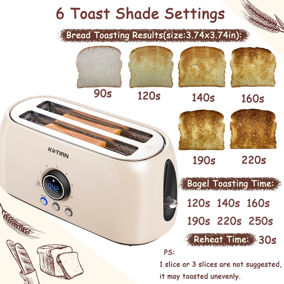 Toaster 4 Slice Retro Long Slot Toasters With Countdown Timerstainless ...