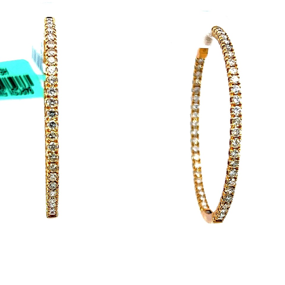 14K YELLOW GOLD WOMENS DIAMOND HOOP/LOOP EARRING ROUND BRILLIANT CUT 3 ...