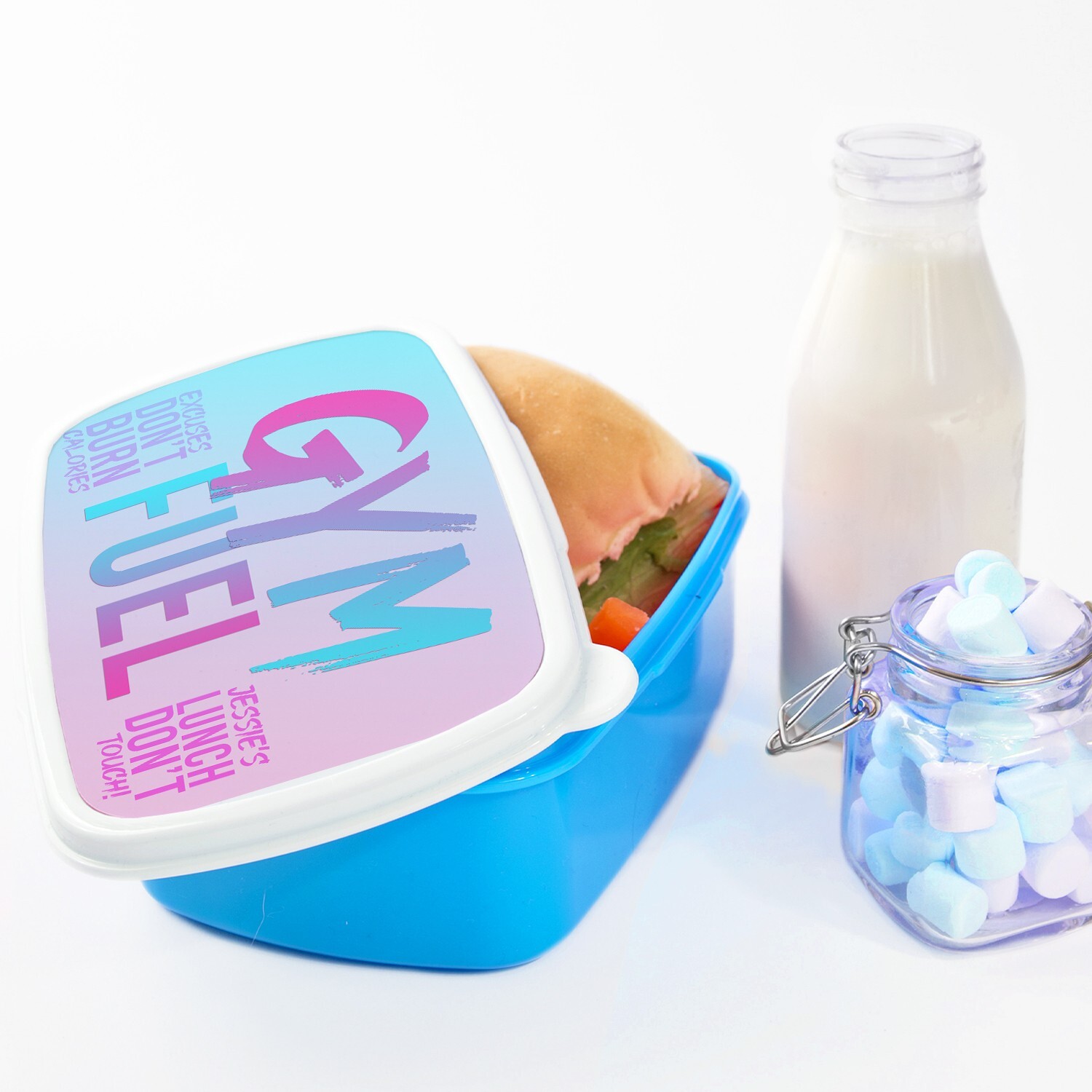 Personalised Lunch Box Gym Fuel School Snack Sandwich Blue Cute ...