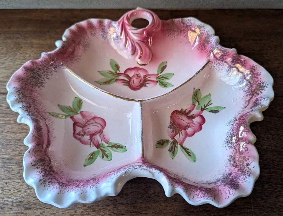 Vtg Relish Candy Condiment Dish Japan Pink Floral Divided 3 Section ...