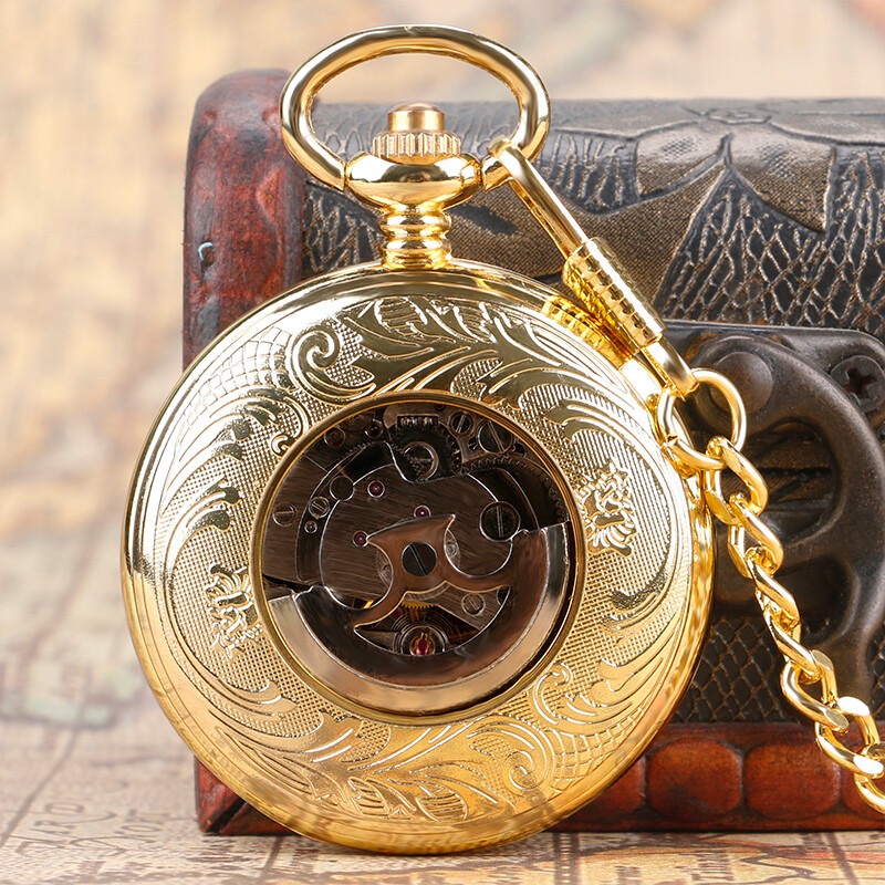 Vintage Shield Skeleton Golden Automatic Mechanical Men Pocket Watch ...