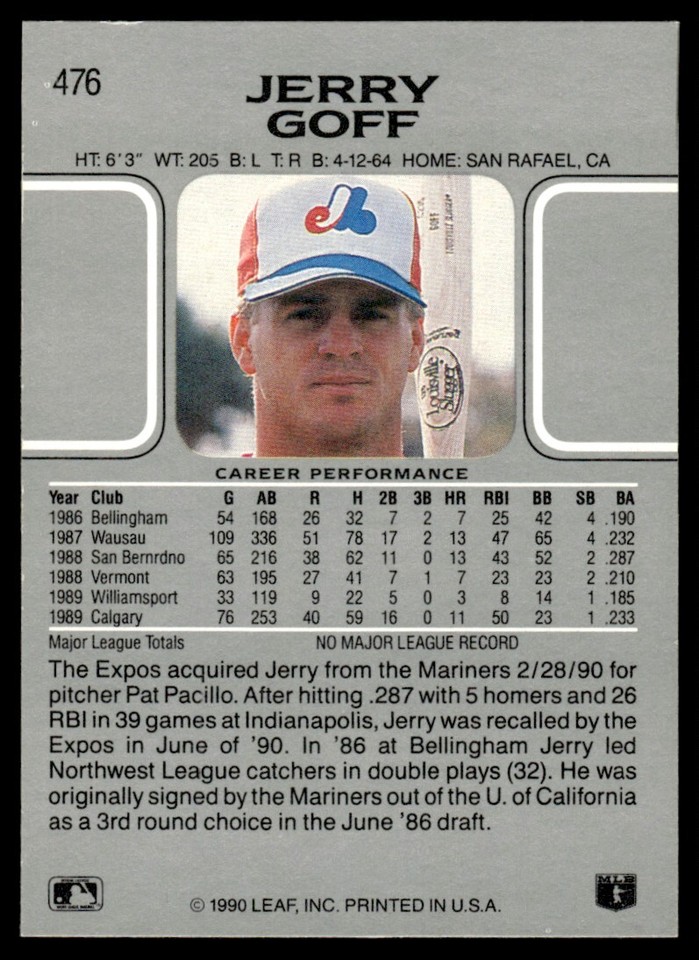 1990 Leaf #476 Jerry Goff Rookie Montreal Expos | eBay