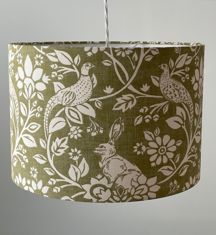 Lampshade Moss Green Woodland Country Hare Pheasant Drum Light Shade ...
