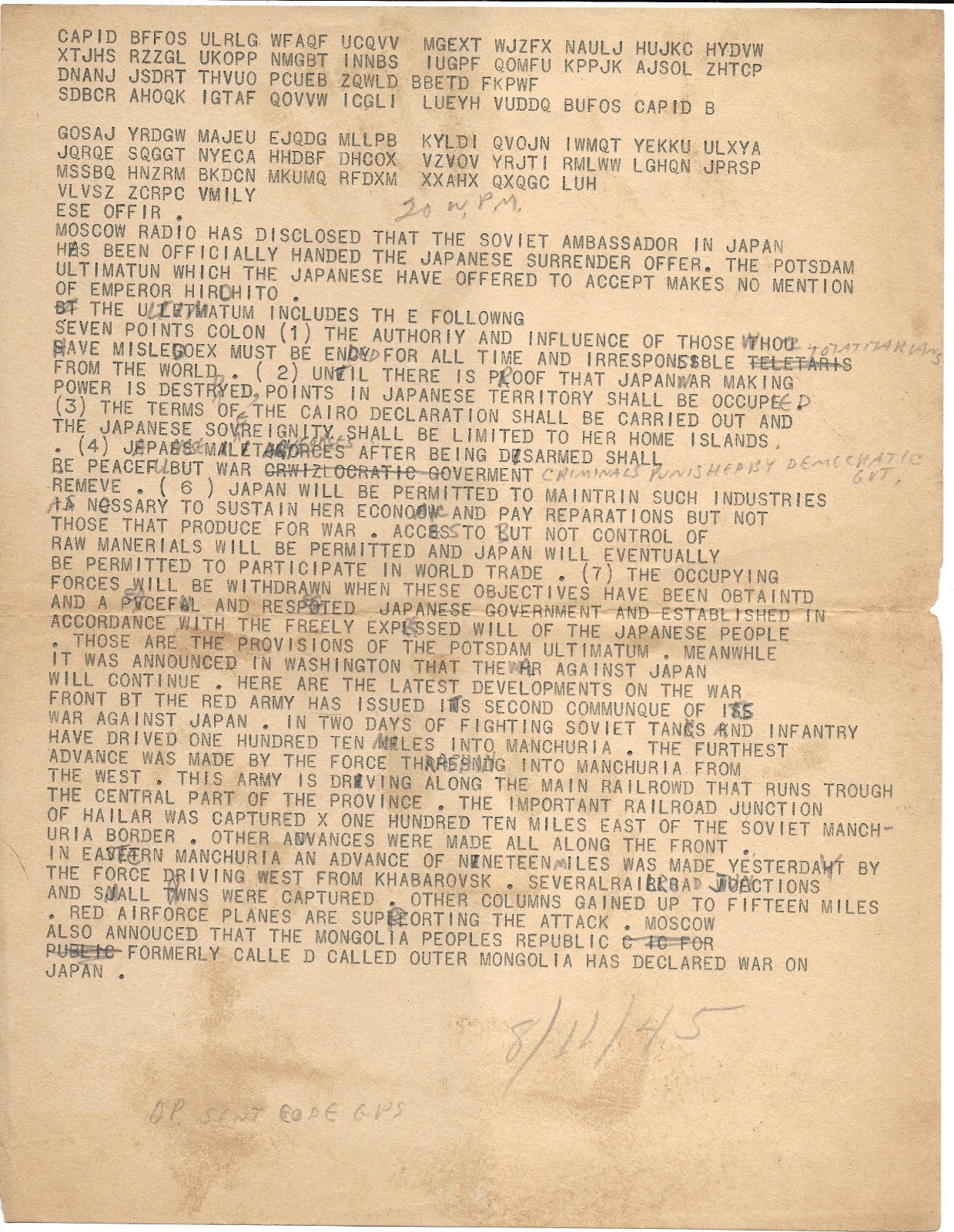 RARE WWII US Army Signal Corps Teletype: Japan Surrender & Soviet Invasion 1945 | eBay