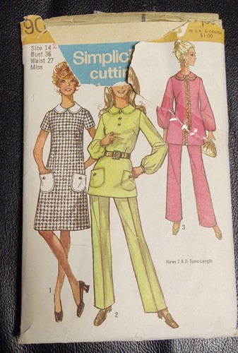 Vintage 1970 PATTERN Misses' DRESS Pant Suit TUNIC Size 14 Simplicity ...