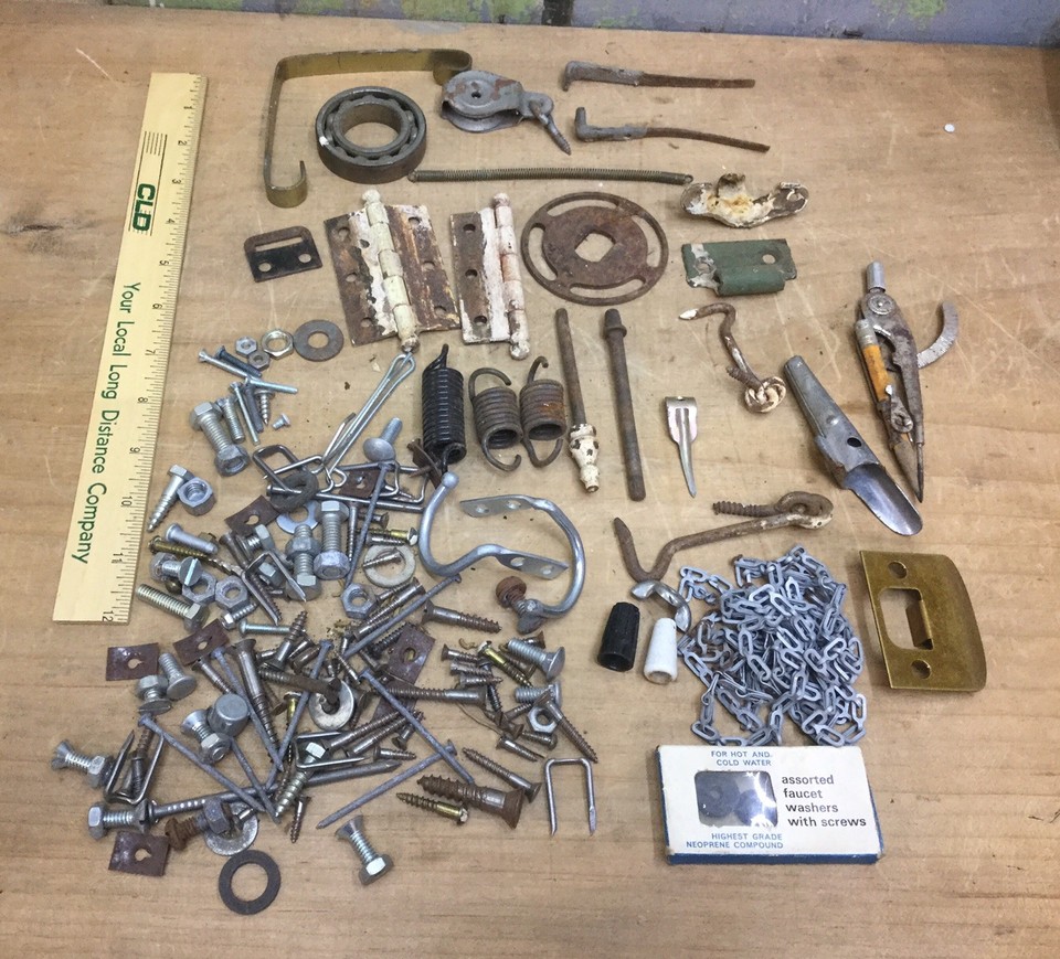 Junk Drawer Lot Hinges Hooks Springs Nuts And Bolts, And More! | eBay