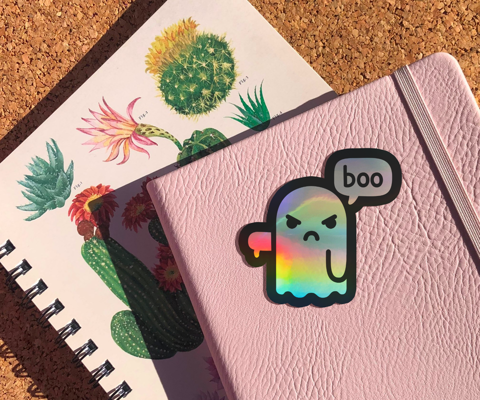 Booo! Ghost Thumbs Down Holographic Vinyl Sticker - Funny Halloween ...