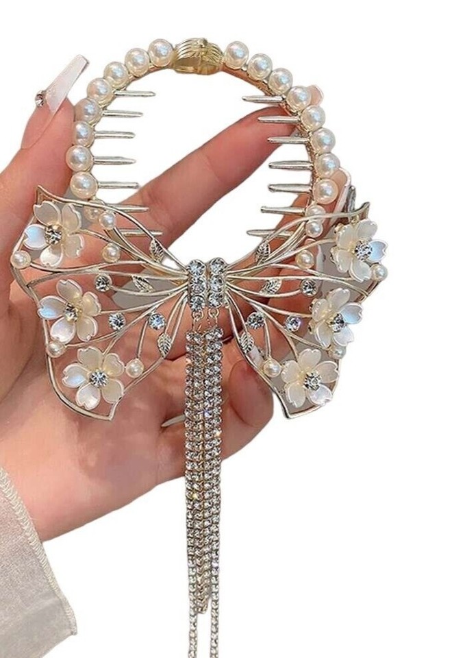 NEW Bow & Flowers Hair Claw Hair Clip Pony Tail Faux Pearls Rhinestones ...