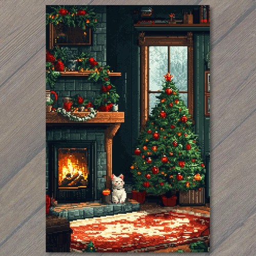 POSTCARD Festive Cats Christmas Tree Cozy Living Room Holiday Fireplace ...