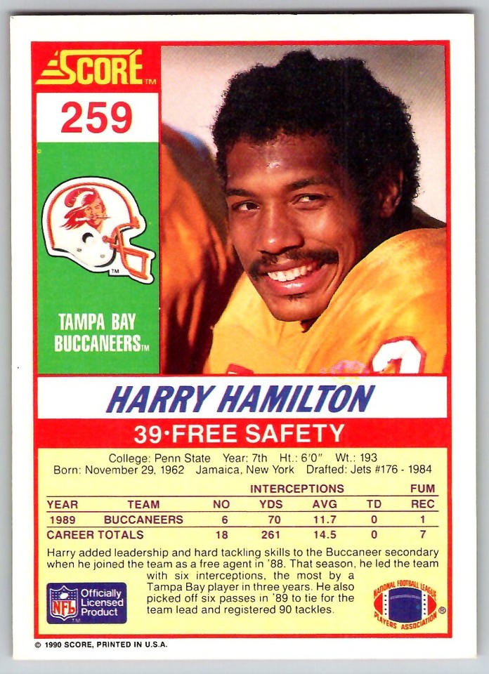 1990 SCORE HARRY HAMILTON TAMPA BAY BUCCANEERS #259 | eBay