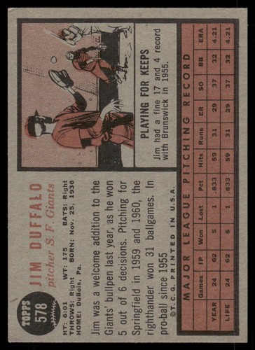 1962 Topps #578 Jim Duffalo San Francisco Giants | eBay