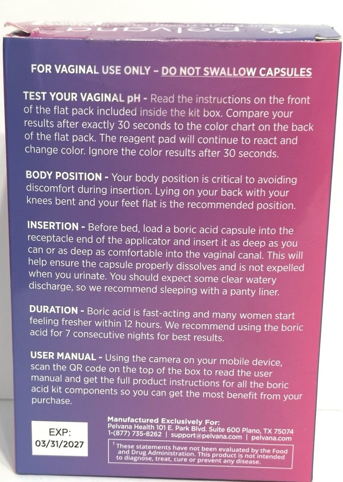Pelvana Boric Acid Suppository Combo Kit 30 + 7 Applicators + 20 pH ...