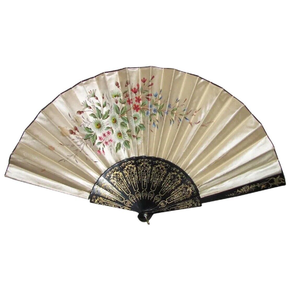 Victorian Hand Panted Satin Fan with Wood Sticks Circ… - Gem