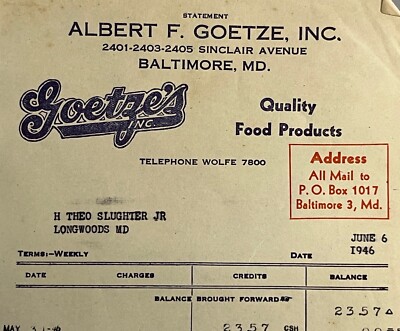 Vintage Billhead Baltimore Maryland Albert F. Goetze Inc Receipt 1946 ...