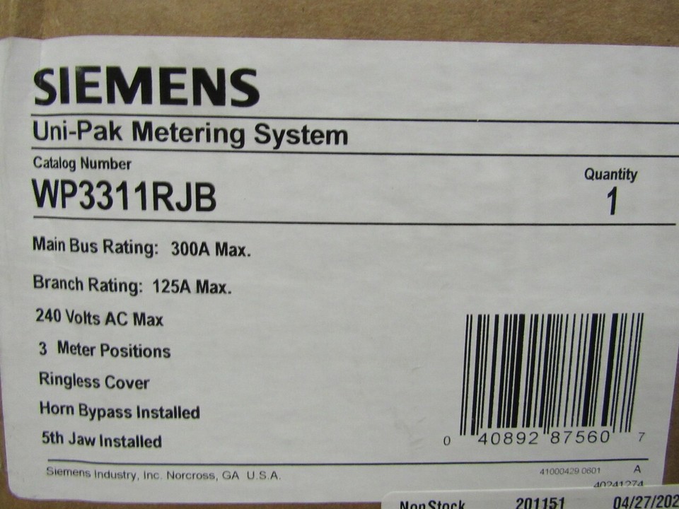 Siemens 3-Gang 300A 125 Amp RINGLESS BYPASS UNI-PAK Meter Stack ...