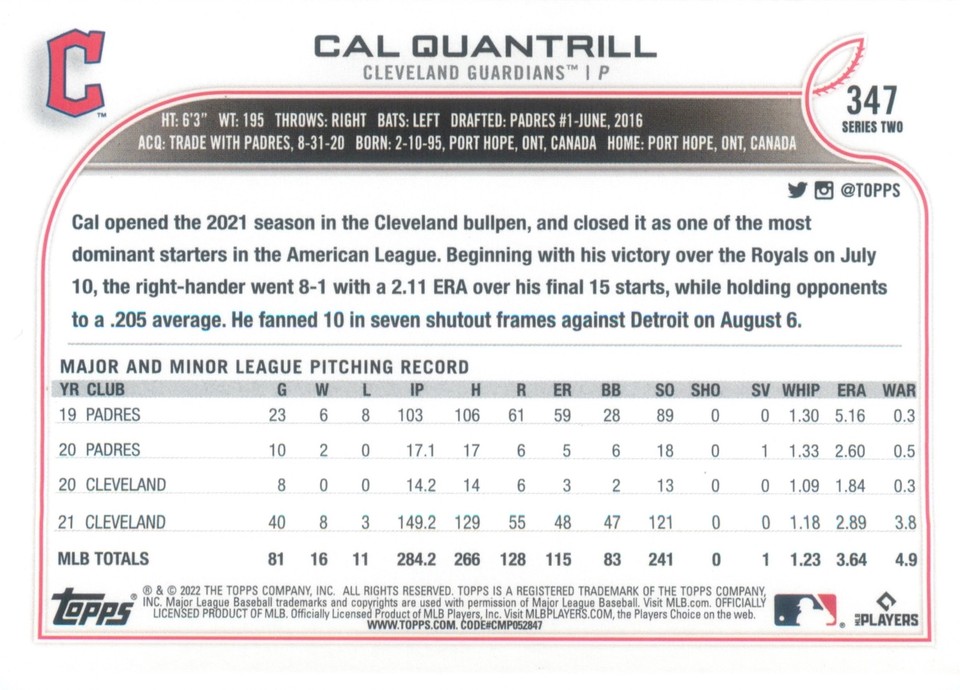 Cal Quantrill 2022 Topps Series 2 Baseball Card #347 Cleveland ...