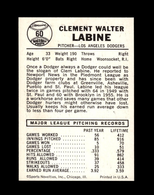 1960 Leaf Set-Break # 60 Clem Labine NR-MINT *GMCARDS* | eBay