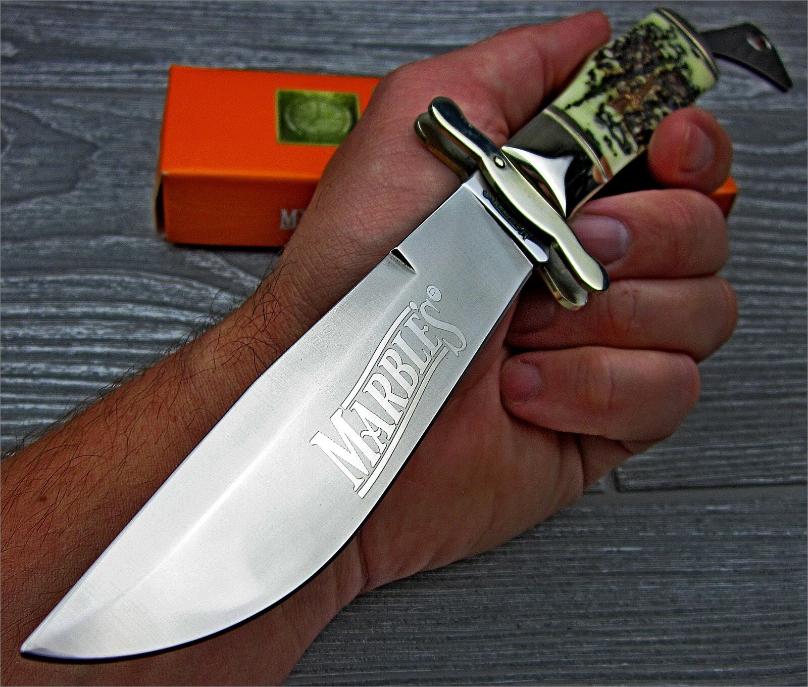 Marble's Stag Bone Handles Swing Guard Large Folding Bowie Blade Knife ...