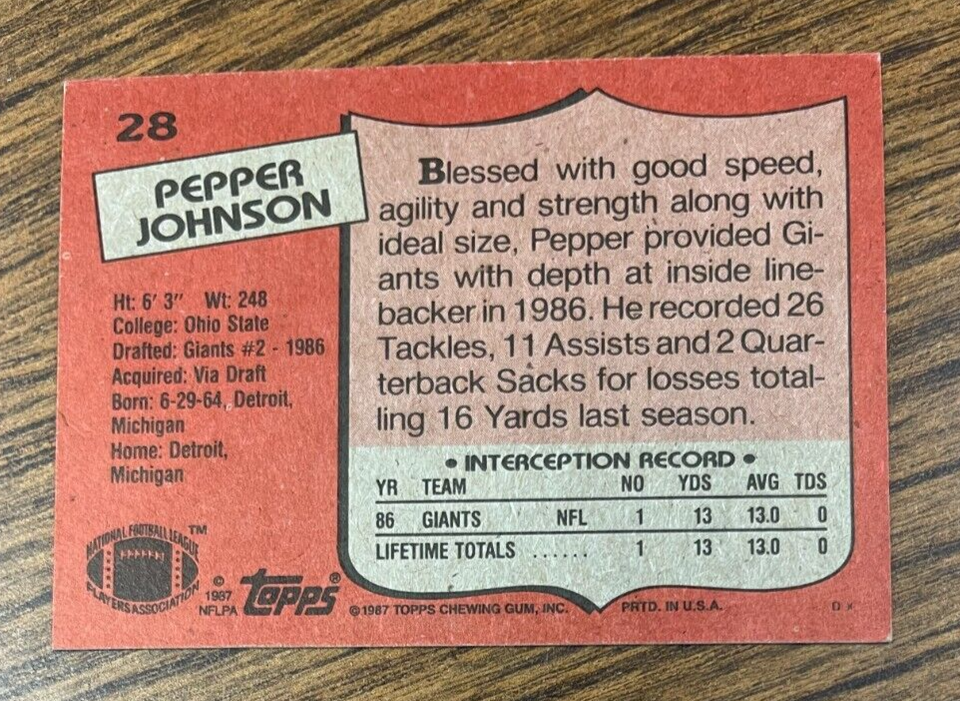 1987 Topps Card # 28 Pepper Johnson - New York Giants | eBay