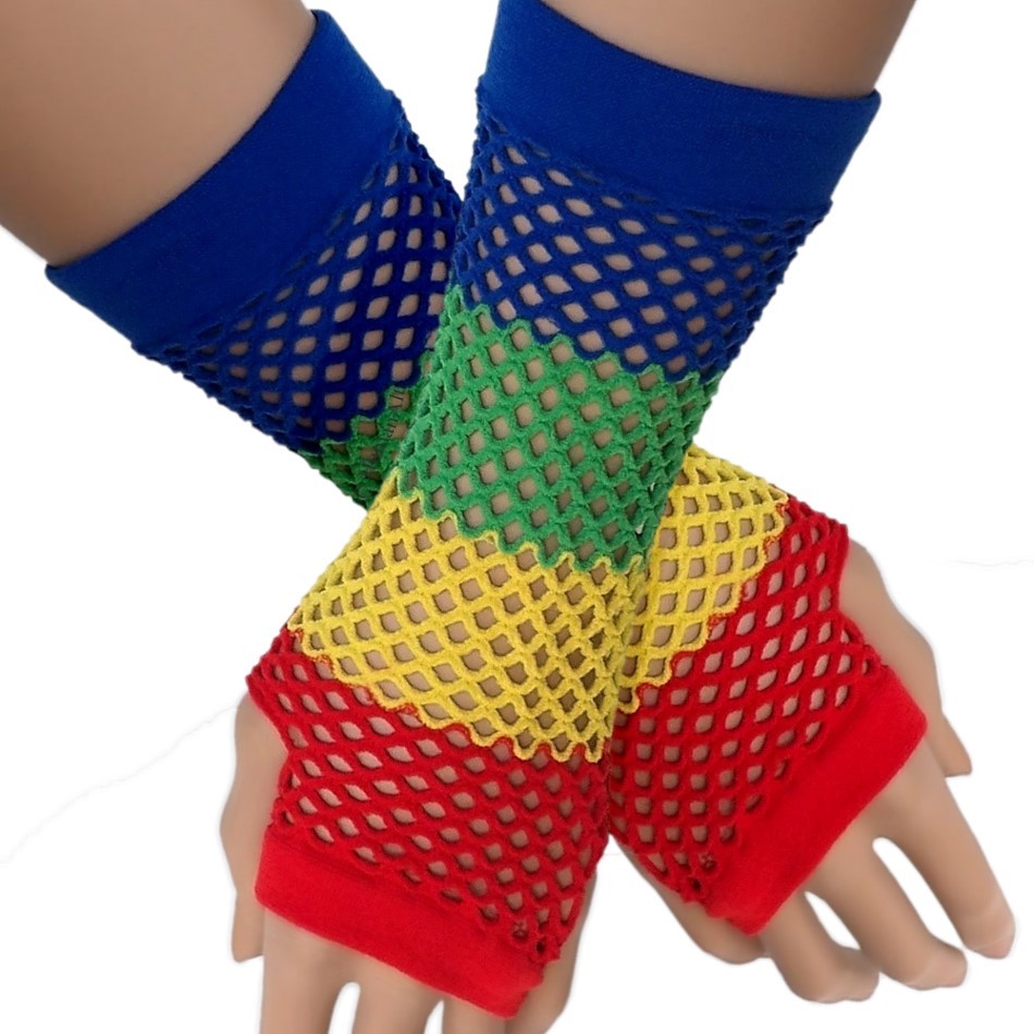 80s Rainbow Stripes Diamond Net / Fishnet Fingerless Gloves / Arm ...