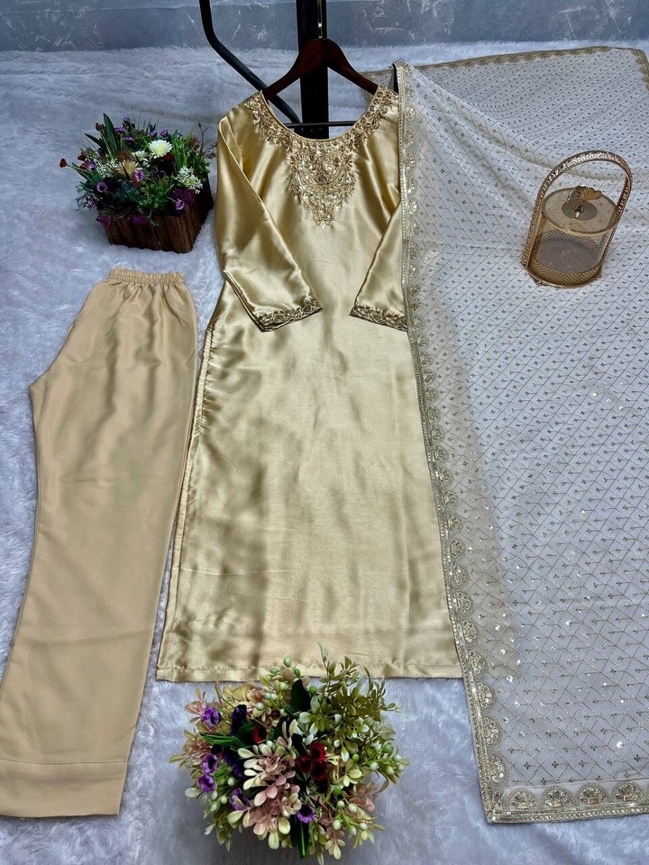 Bollywood Style Cream Devsena Silk Salwar Kameez With Dupatta For Women ...