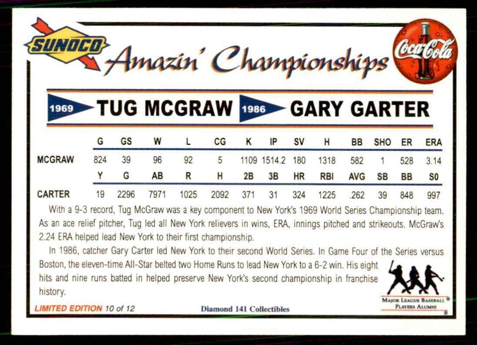 2001 Sunoco Dream Team Tug McGraw/Gary Garter 102 Baseball Cards #10 OF ...