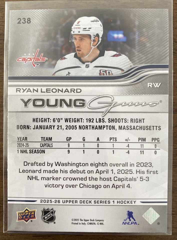 2025-26 Upper Deck Series 1 Young Guns #238 Ryan Leonard Rookie RC Mint ...