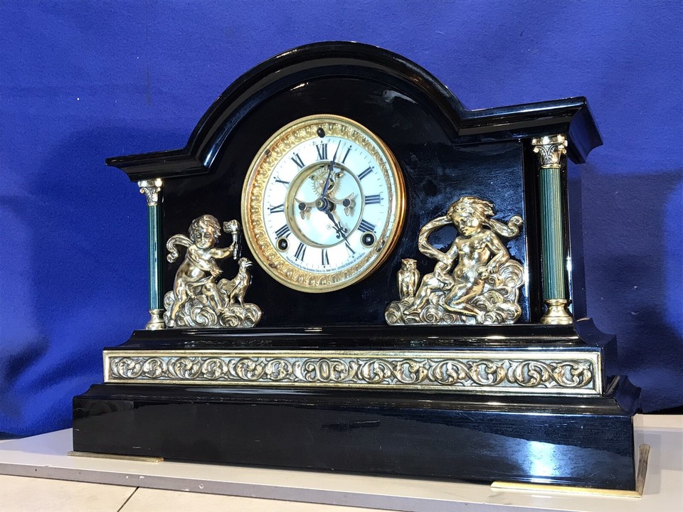 1882 VINTAGE ANTIQUE CAST IRON ANSONIA KEY WOUND STRIKES ANGEL CLOCK ...