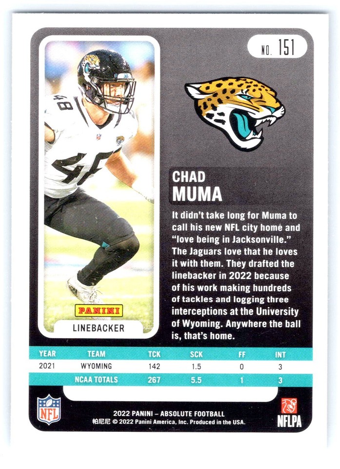 2022 Panini Absolute Football #151 Chad Muma RC Blue Rookie ...