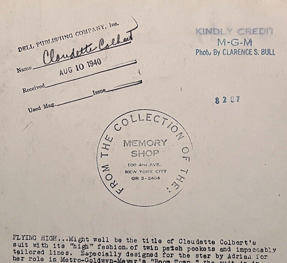 MGM CLAUDETTE COLBERT ORIG 1940 PORTRAIT PHOTO BY CLARENCE S. BULL ...